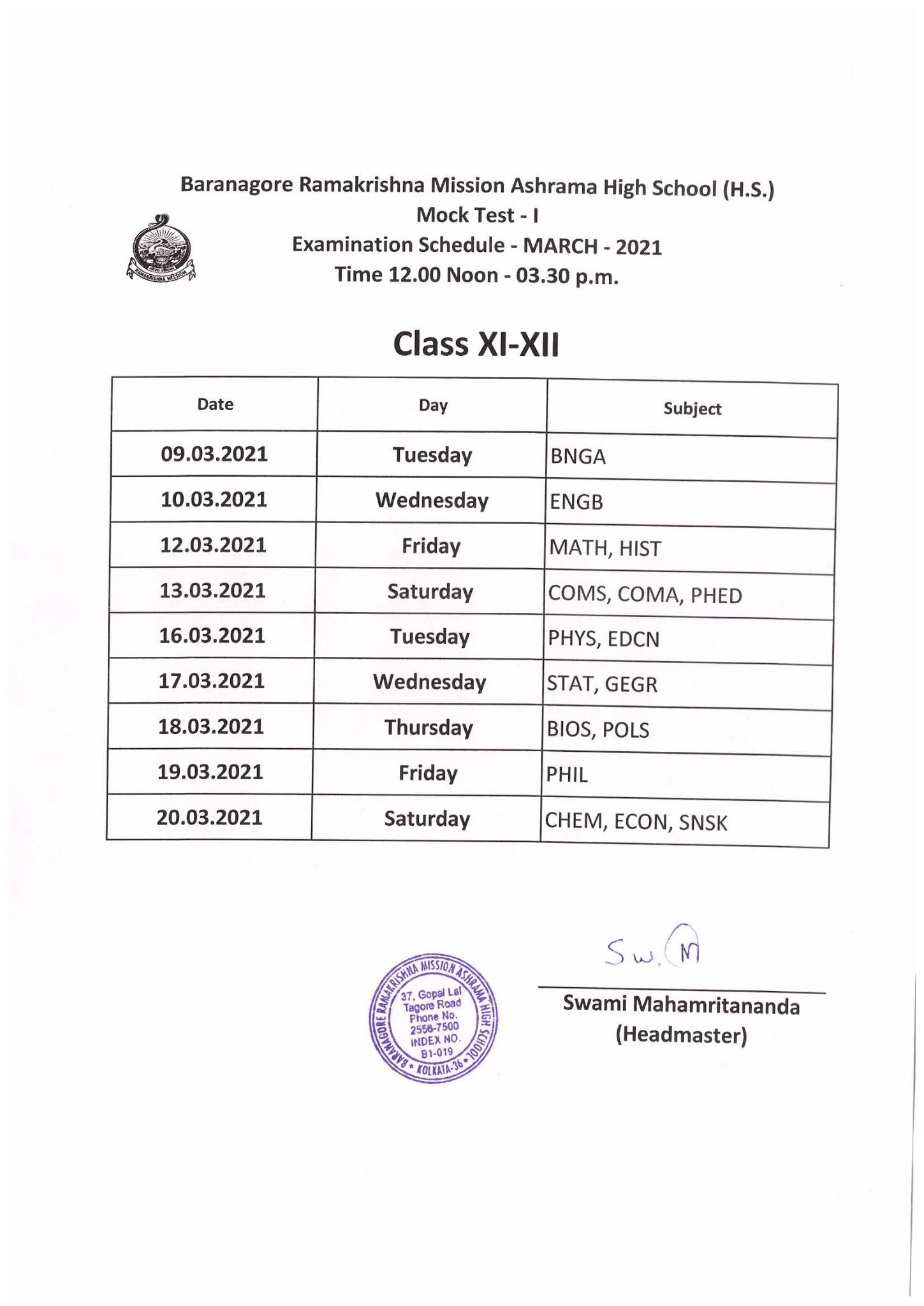 Baranagore Ramakrishna Mission Ashrama High School (H.S.): CLASS XI ...