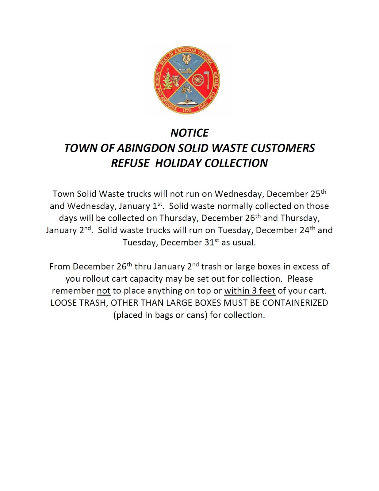 Town of Abingdon, Virginia : Holiday Notice for Waste Collection: