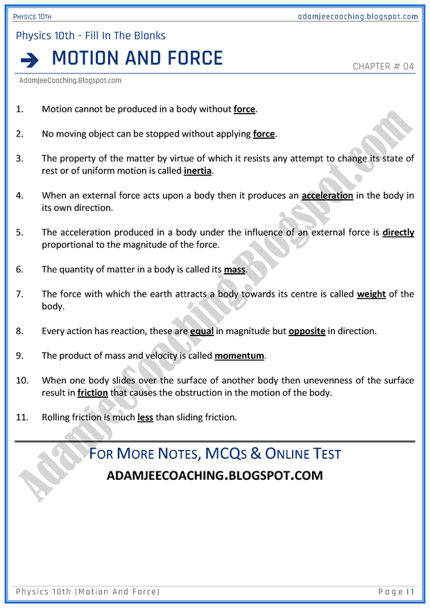 Adamjee Coaching: Motion and Force - Fill in the blanks - Physics 10th