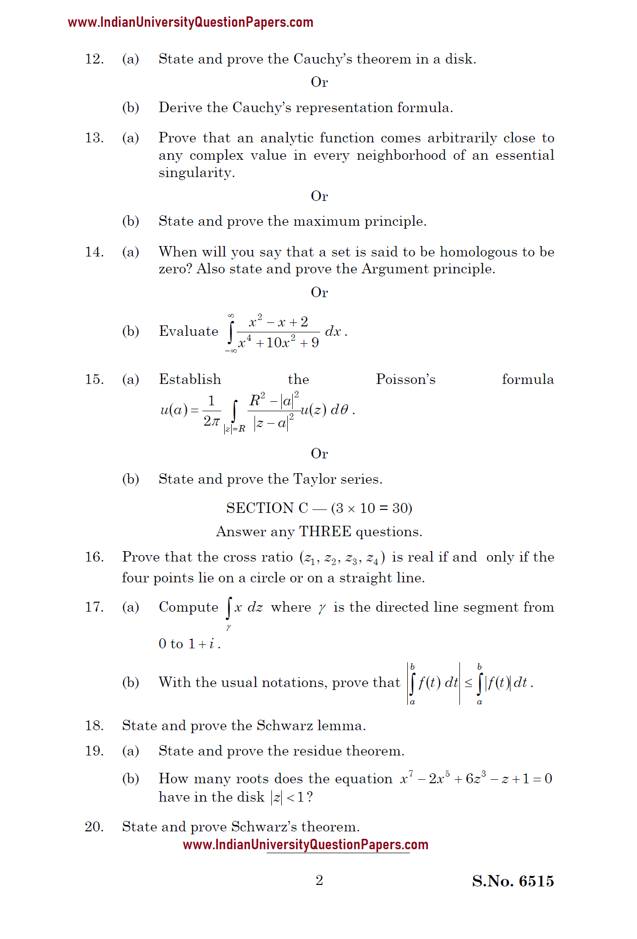 Bharathidasan University M.Sc Mathematics COMPLEX VARIABLES April 2021 ...