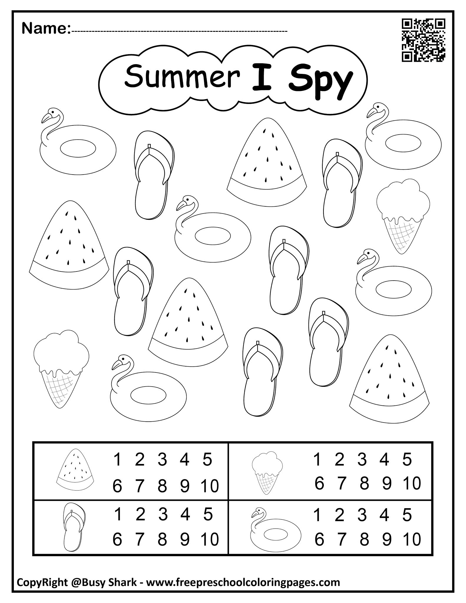 Set of Summer I spy numbers coloring pages