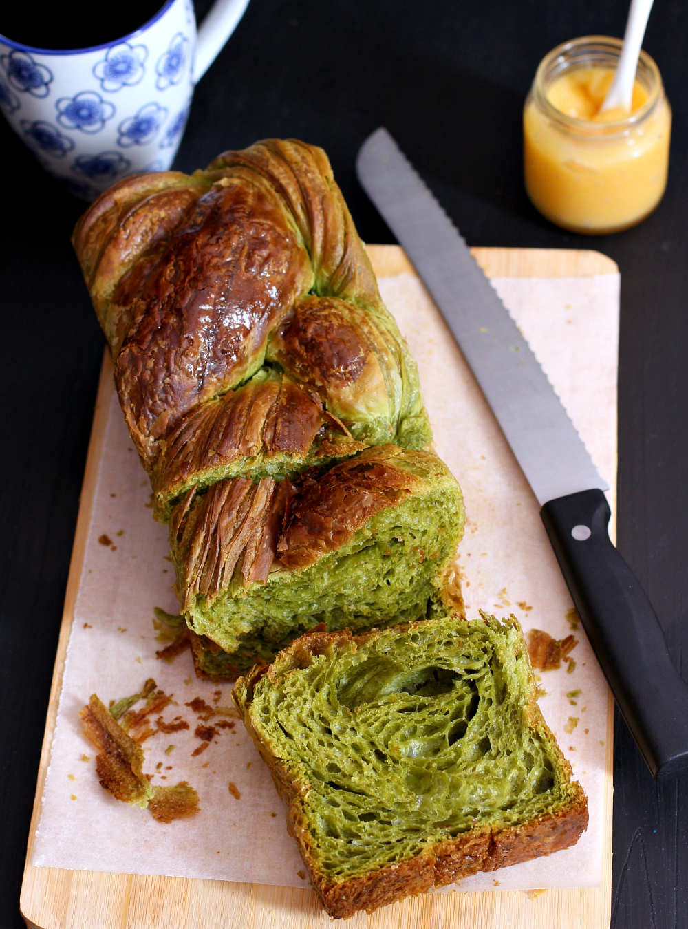 Matcha danish loaf and croissants