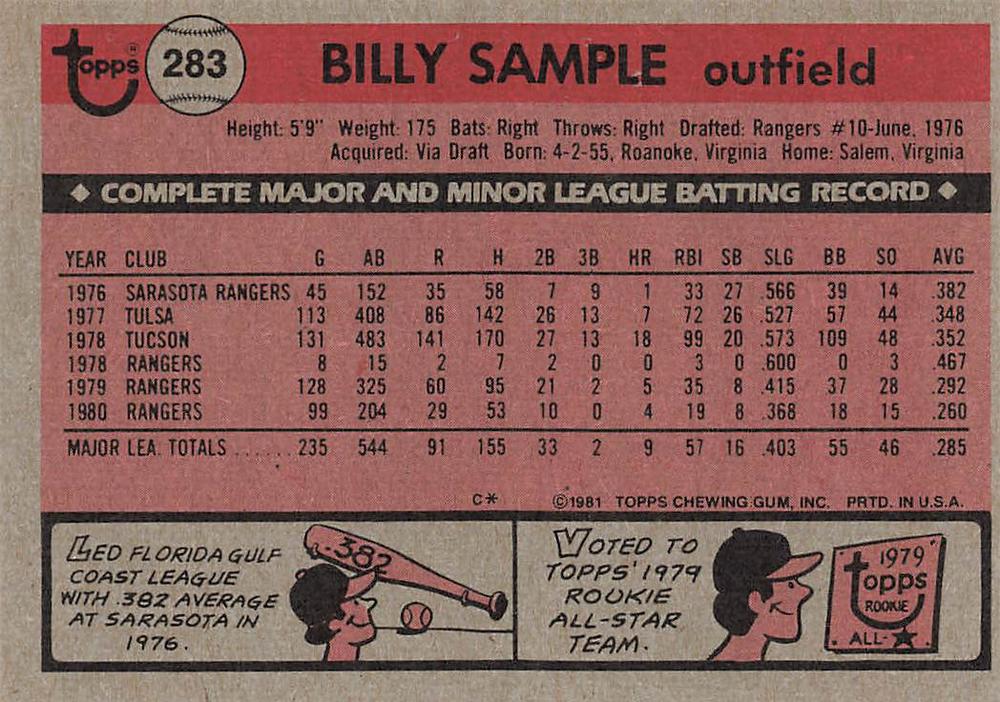 Baseball Cards Come to Life!: 1981 Topps Billy Sample