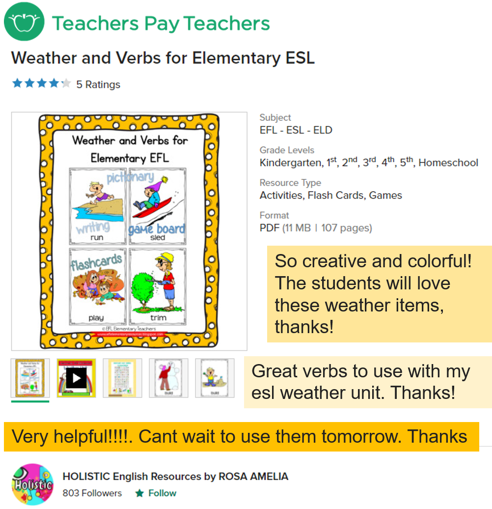 EFL Elementary Teachers: ESL Weather and Action Verbs