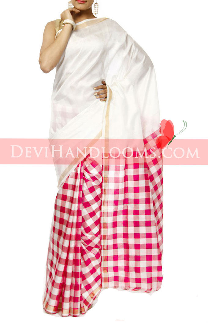Indian Traditional Handloom Sarees: uppada white with pink checks silk ...