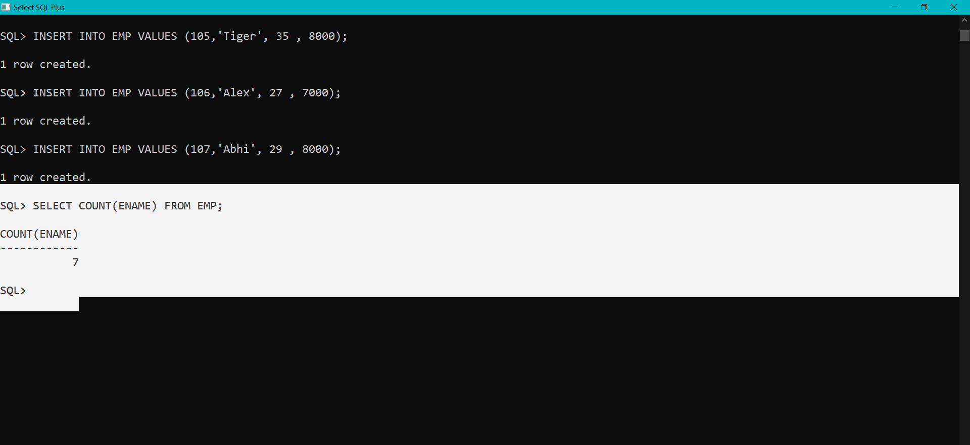 Create table emp with attributes (eid number,ename varchar2(10),age ...