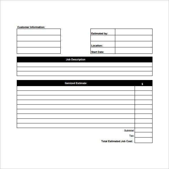 Printable Estimate Sheets - Invoice Template
