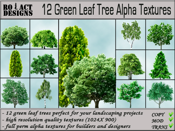 Ro!Act Designs: ..::RO!ACT::..DESIGNS 12 Green Leaf Tree Alpha Textures