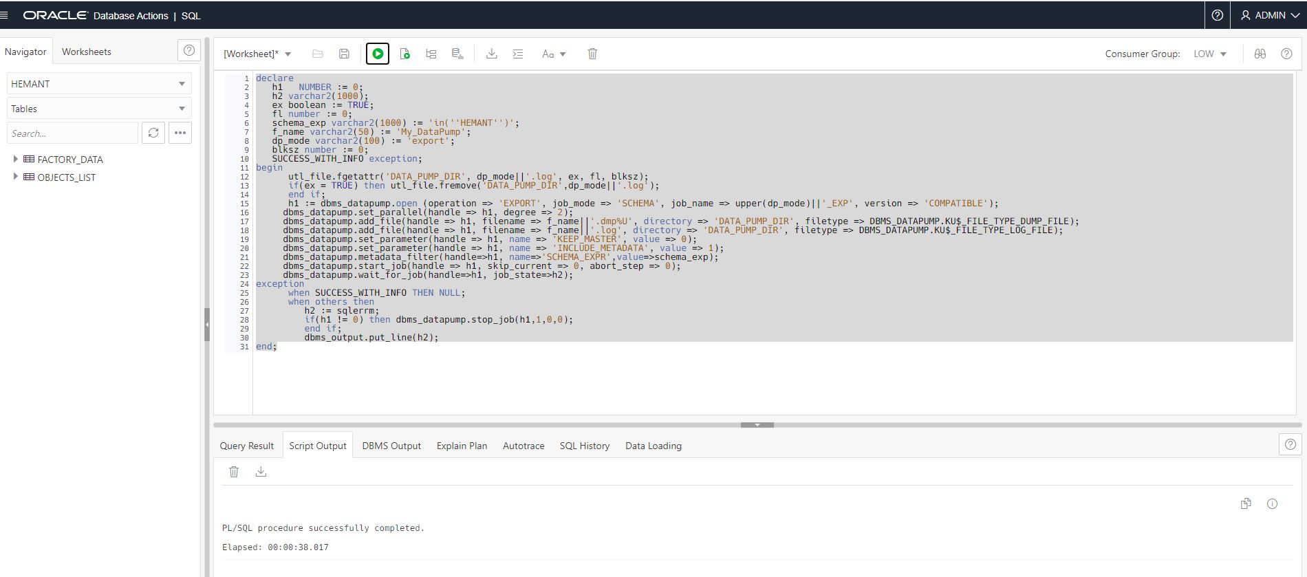 Hemant's Oracle DBA Blog: Datapump in Oracle ADB using SQL Developer Web