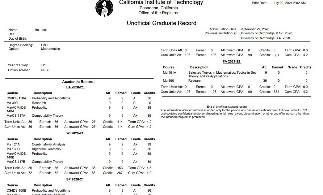 Welcome all!: Caltech Y1 Unofficial Graduate Record