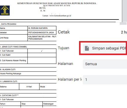 Cara Print Surat Cuti Online SIMPEG Kemenkumham