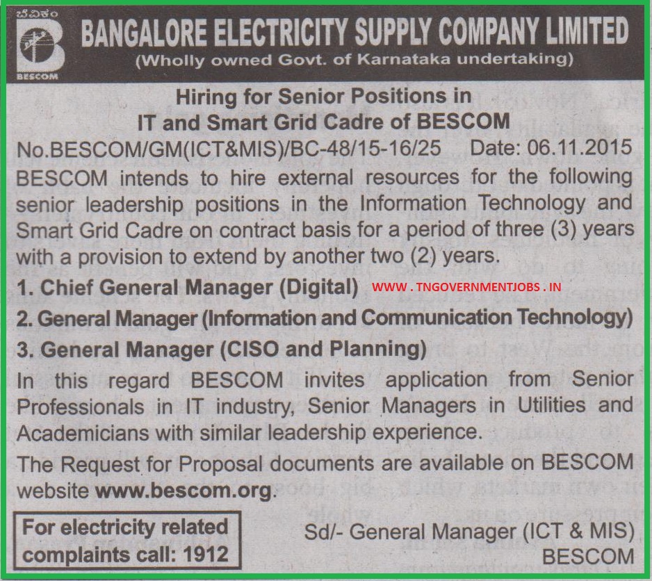 Bangalore Electricity Supply Company Ltd (BESCOM) Recruitments November ...