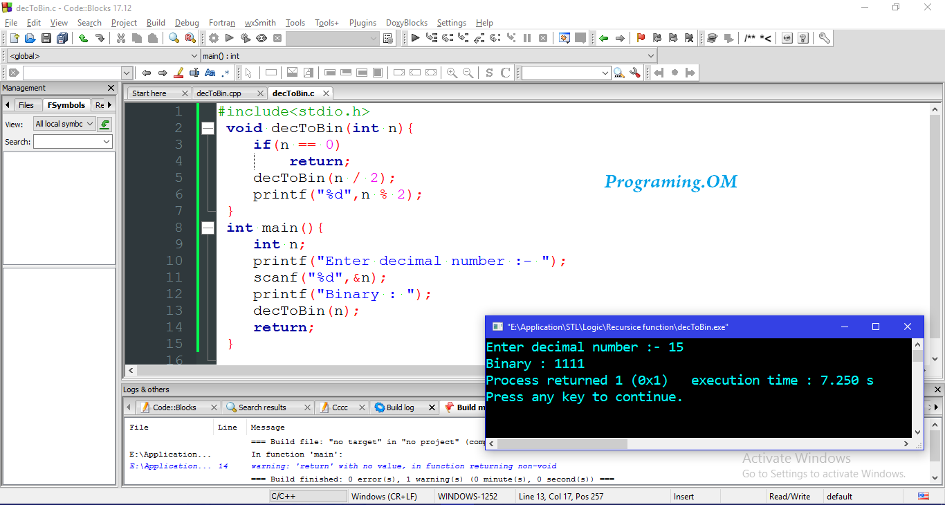 Program In C And C To Convert Decimal To Binary Number Using Recursive Function
