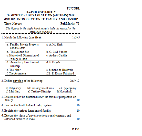 TEZPUR UNIVERSITY (TU/CODL) SEMESTER END MSO 102: INTRODUCTION TO ...