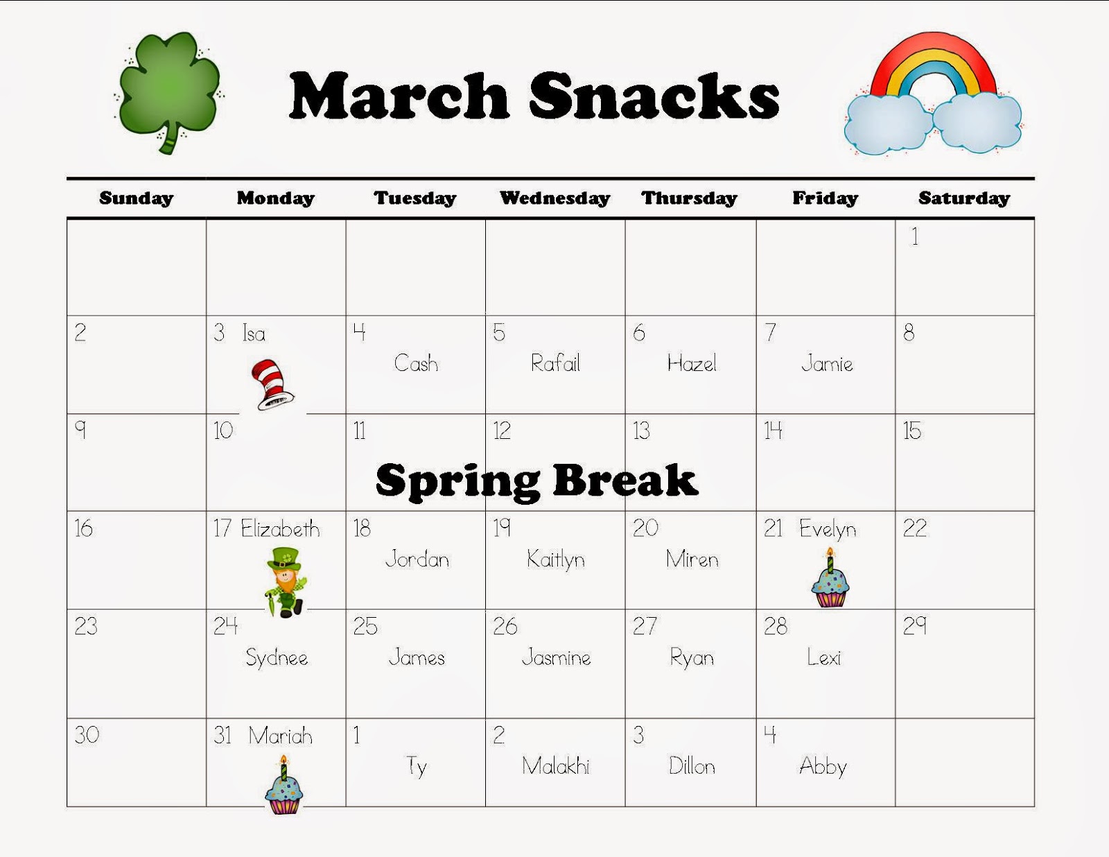 Mrs. Williams Kindergarten Classroom: March Snacks