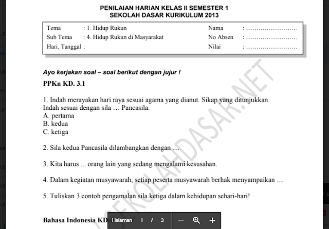 Soal Penilaian K-13 Kelas 2 Tema 1 Subtema 4 - SekolahDasar.Net