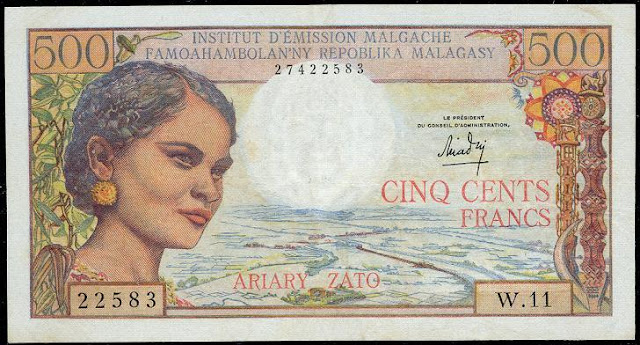 Madagascar currency 500 Malagasy Francs = 100 Ariary banknote 1966 ...
