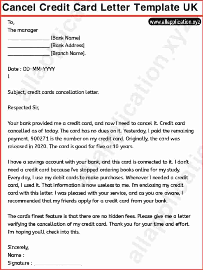 Cancel Credit Card Letter Template UK (SAMPLE).