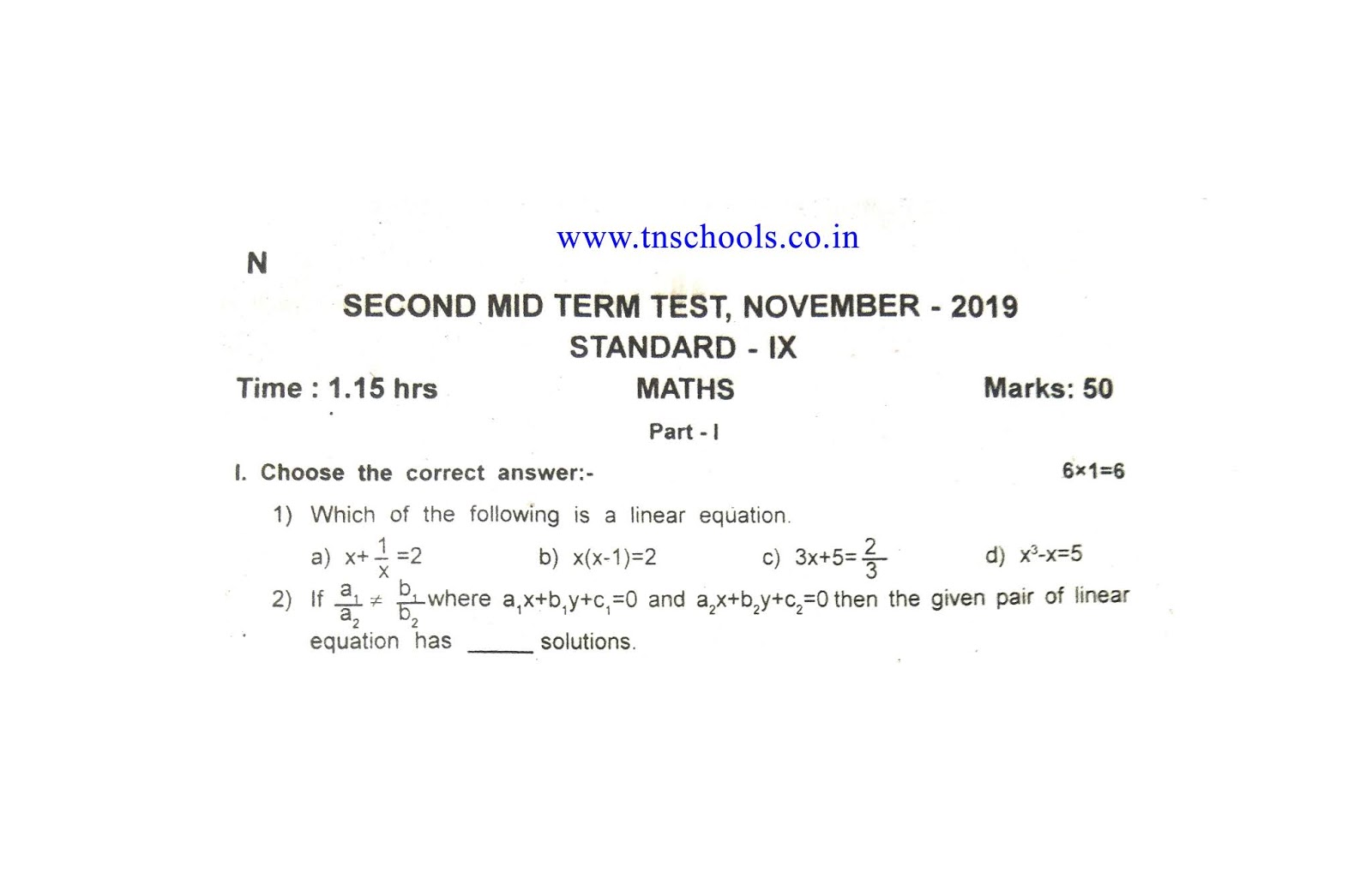 9th Std Mathematics Second Mid Term Question Paper English Medium 2019