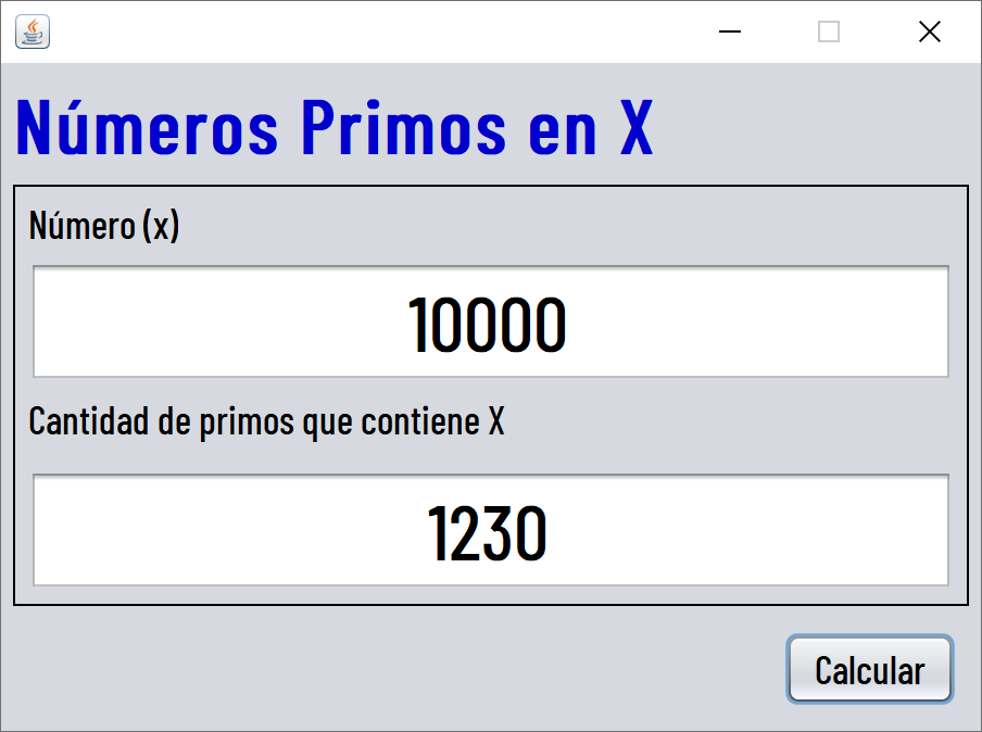 Código Java: Cálculo de la cantidad de números primos contenidos en X.