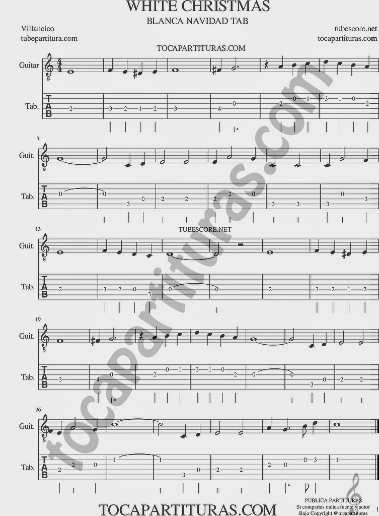 tocapartituras: Blanca Navidad Tablatura y Partitura del Punteo de Guitarra Villancico Tabs ...