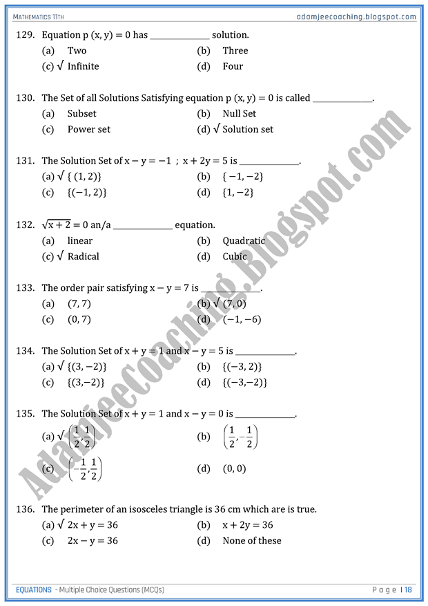 Adamjee Coaching: Equations - MCQs - Mathematics 11th