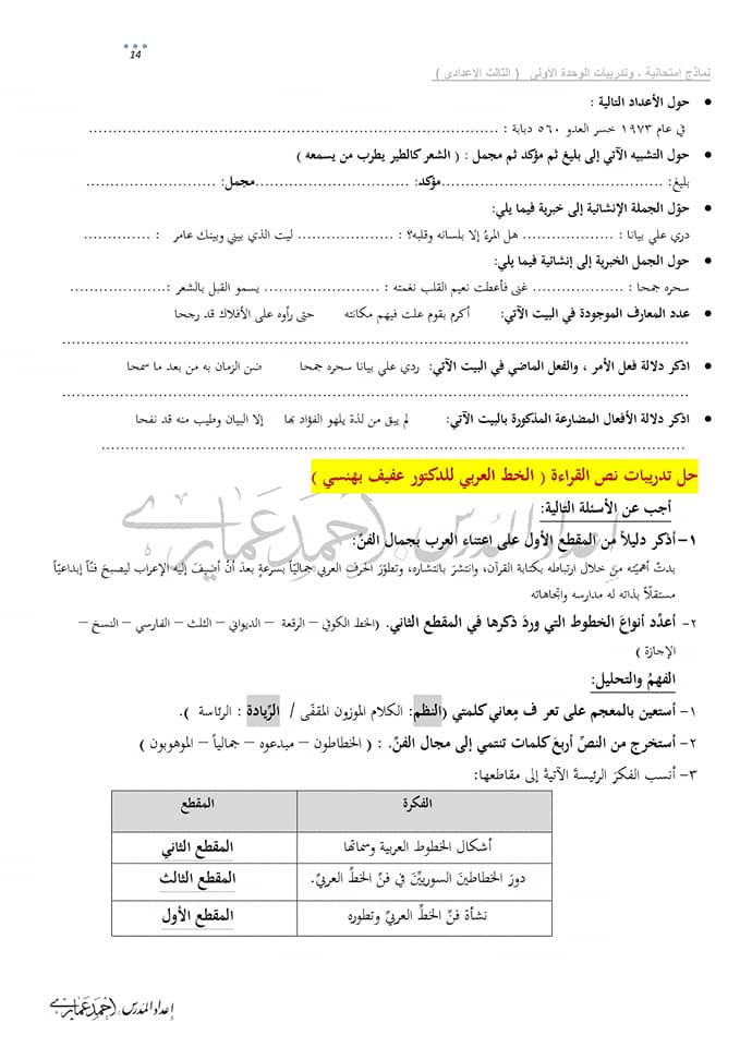 نماذج امتحانية وتدريبات الوحدة الأولى في اللغة العربية للصف التاسع