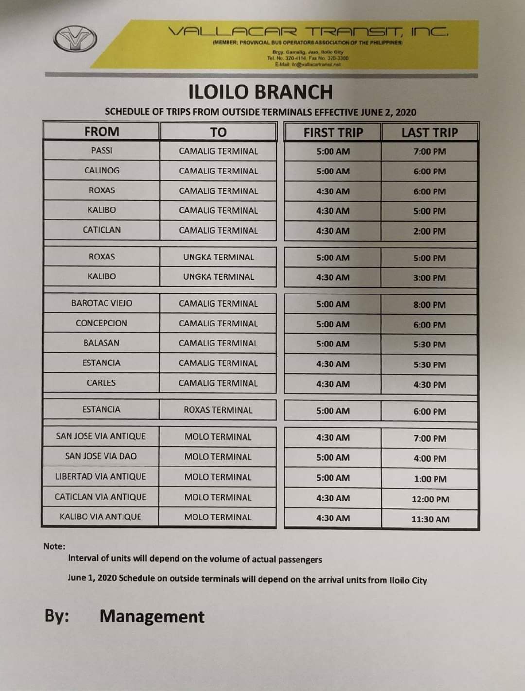 Vallacar Transit Inc schedule starting June 1 and 2 from/to Iloilo City