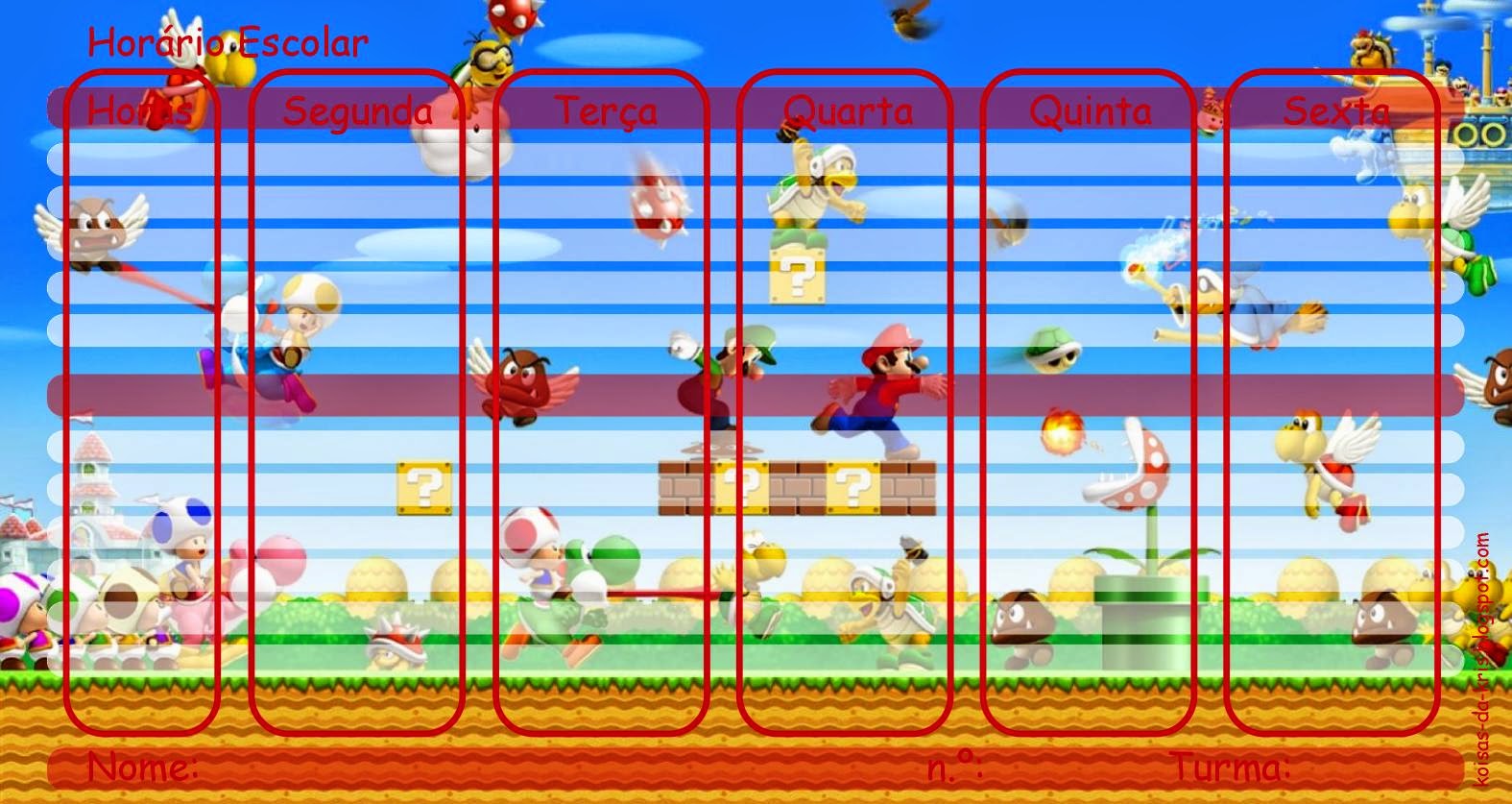 Koisas da Kris: Horários escolares - Super Mário - grátis para impressão