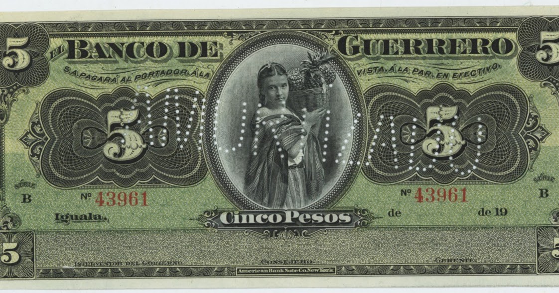 Mexican banknotes 5 Pesos bank note 1914 Banco de Guerrero|World ...