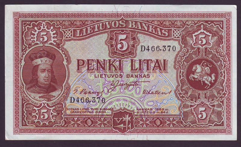 Lithuania Currency Litas 5 Litai banknote 1929 Commemorative issue ...