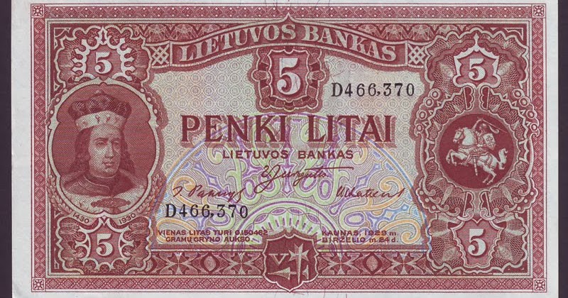 Lithuania Currency Litas 5 Litai banknote 1929 Commemorative issue ...