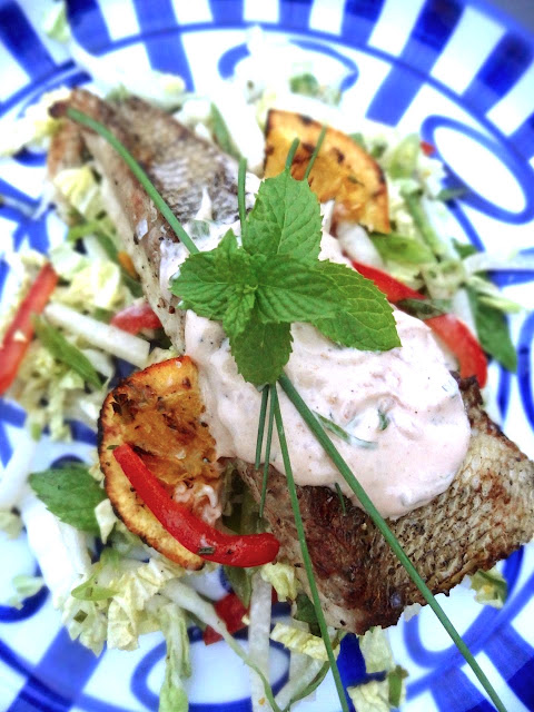 Scrumpdillyicious: Grilled Pickerel with Jicama Slaw & Spicy Mayonnaise
