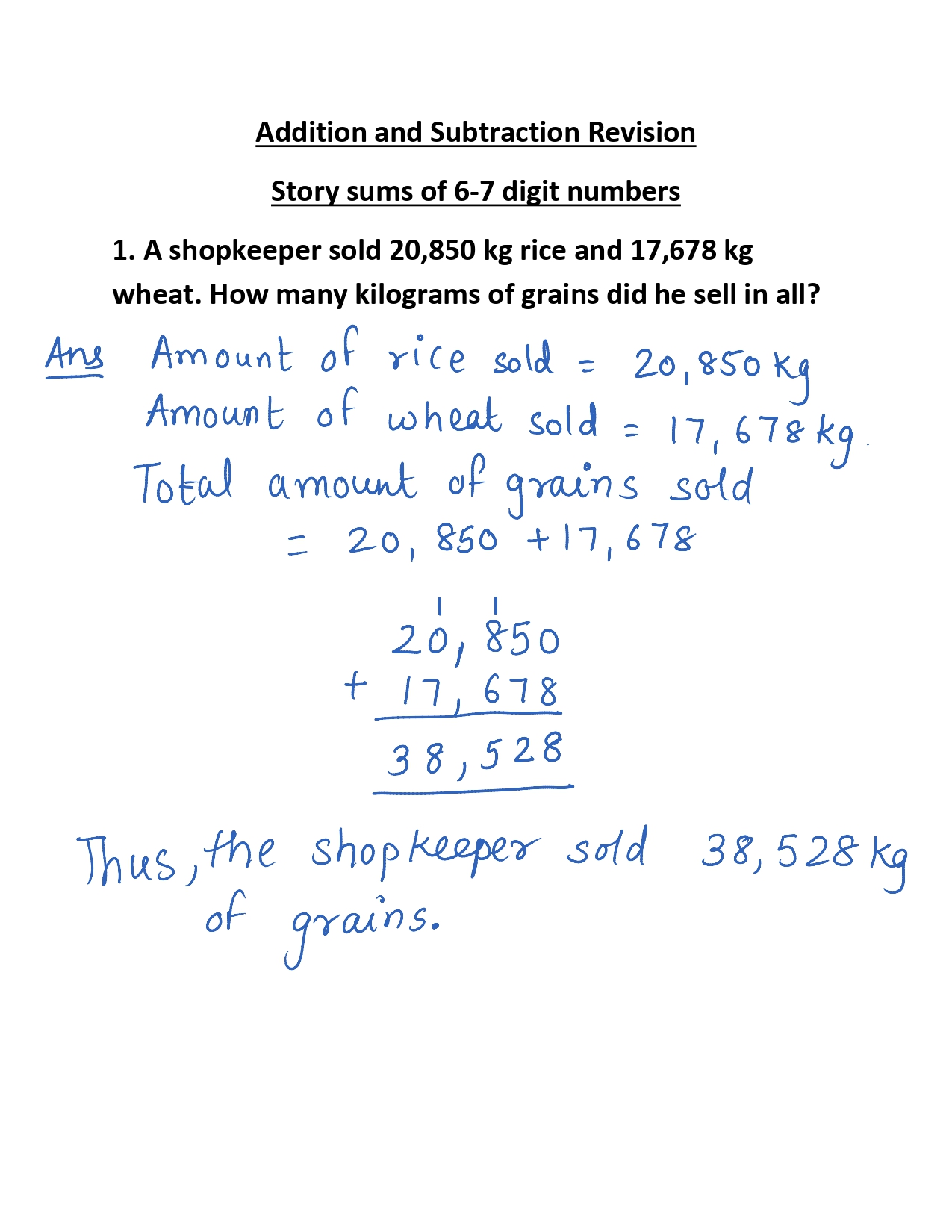 Math Addition and Subtraction Revision
