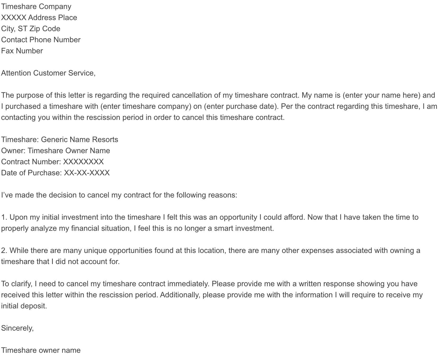 Timeshare Rescission Letter Template ~ Resume Letter