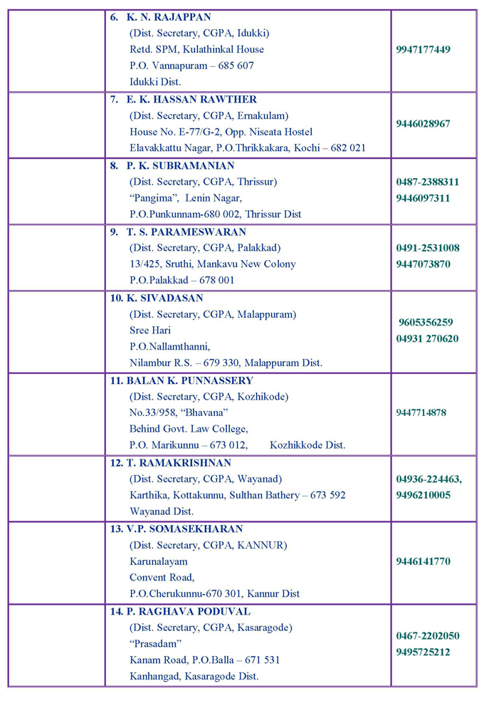 CENTRAL GOVERNMENT PENSIONERS' ASSOCIATION : KERALA: OFFICE BEARERS