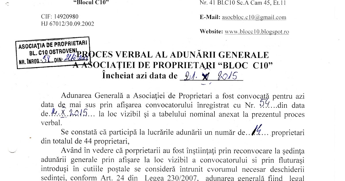 Asociatia de Proprietari Bloc C10 : Hotarari Adunare Generala