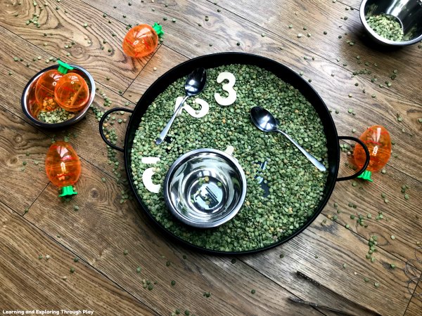 Learning and Exploring Through Play: Split Pea Number Sensory Play