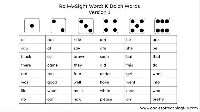 Roll-A-Sight Word K Dolch Words (free) - Oodles of Teaching Fun