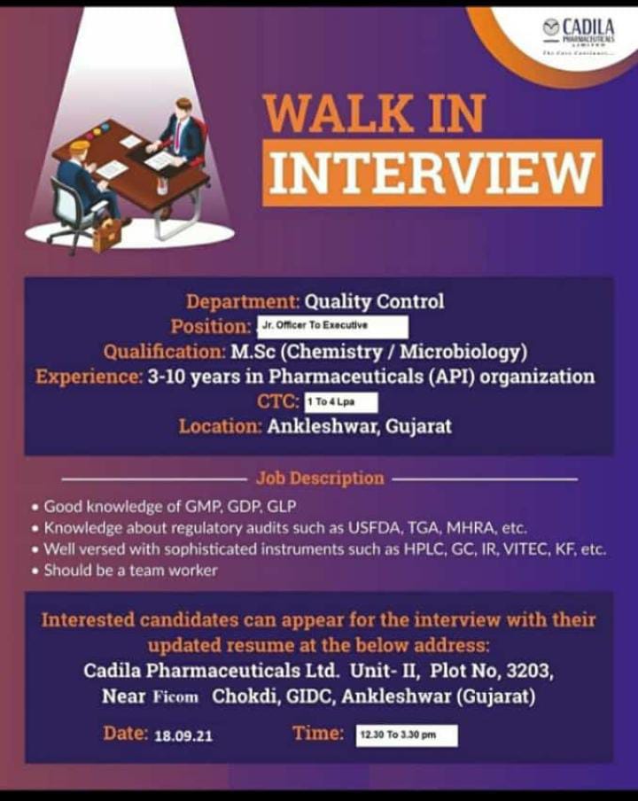 Chemistry Jobs 4 U CADILA Ankleshwar Gujarat Walk In Interview 17 09 2021 chemistry-jobs-4-u-cadila-ankleshwar-gujarat-walk-in-interview-17-09-2021