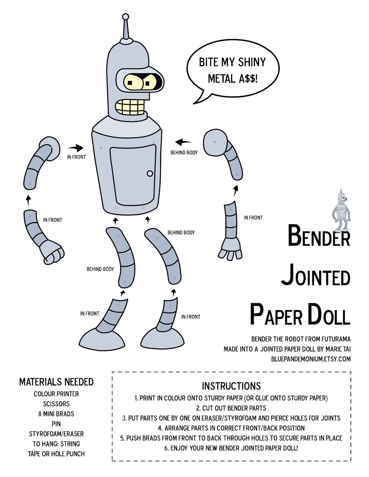 Free Printable Bender Robot Jointed Doll : Behind Mytutorlist.com