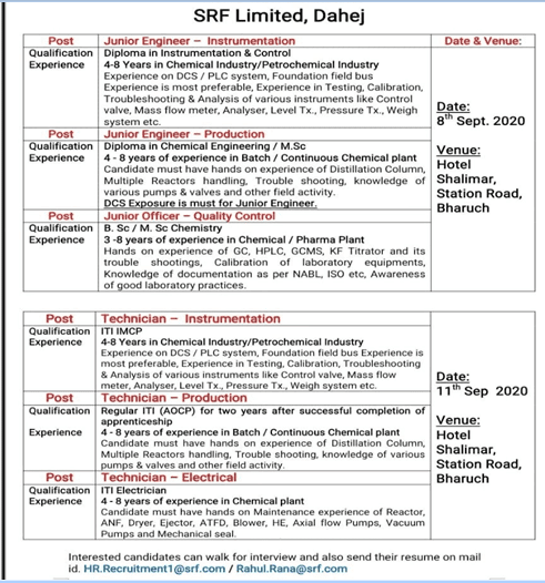 SRF Limited Walk-In Interview for Multiple Position SRF Limited Walk-In Interview for Multiple Position