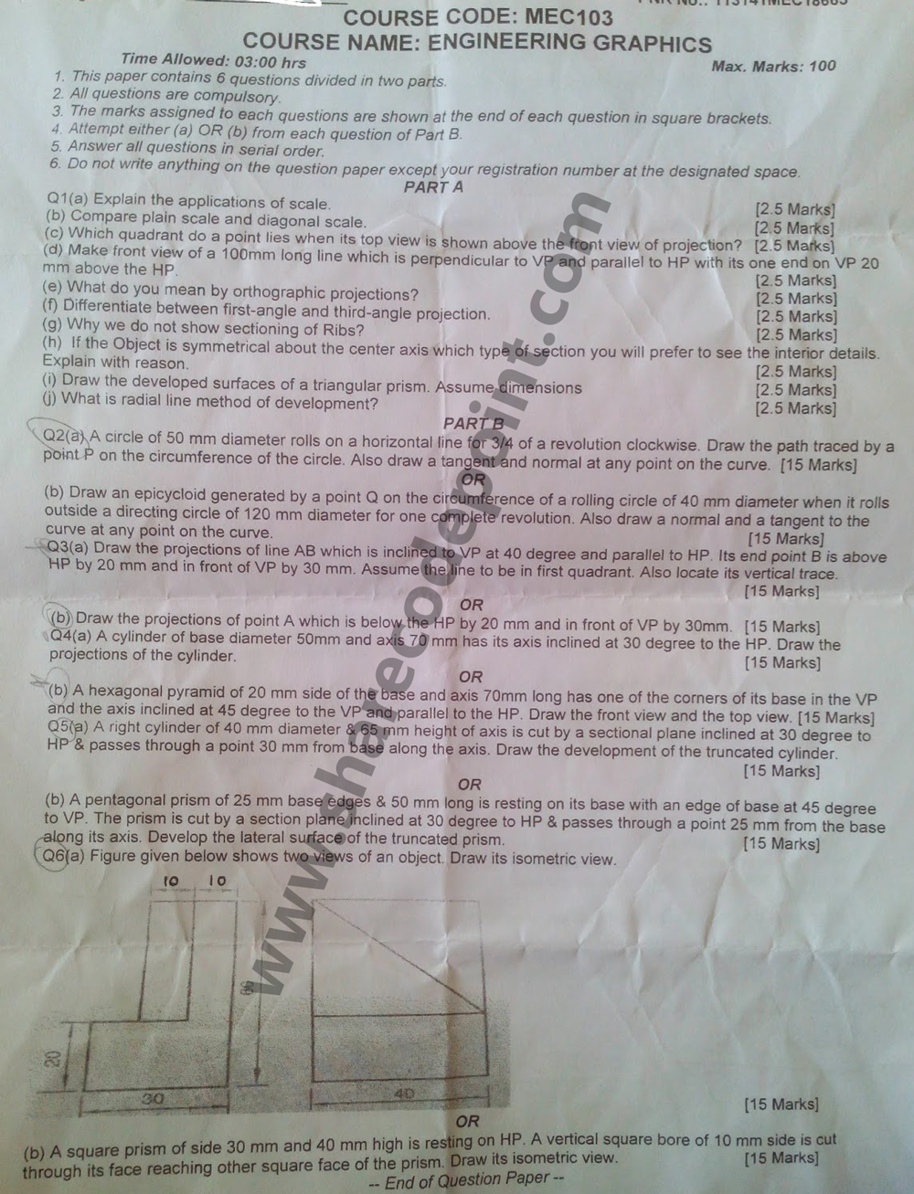 MEC103 : Engineering Graphics End Term Exam Question Paper - MEC 103 ...