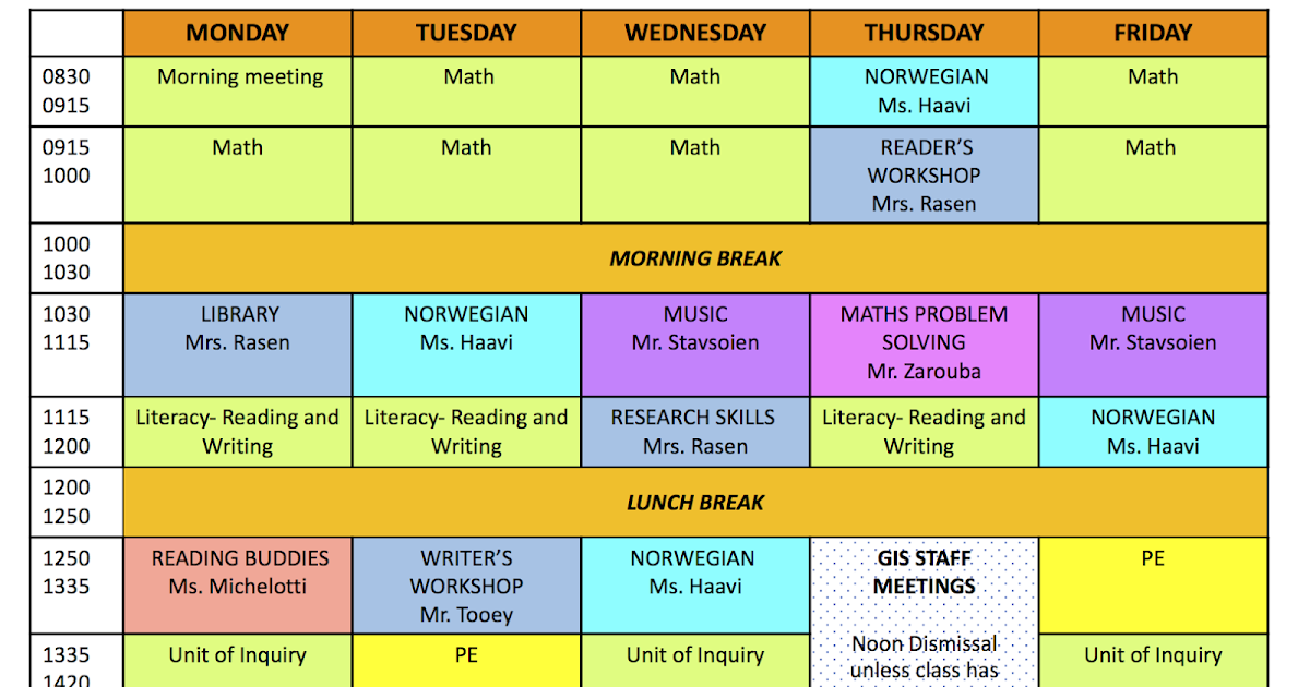 Class timetable and teachers