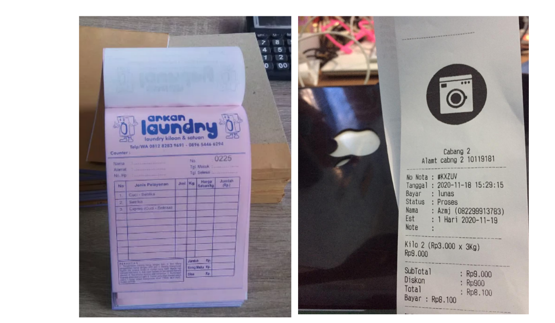 Perbandingan nota laundry cetak manual dan nota laundry printer thermal