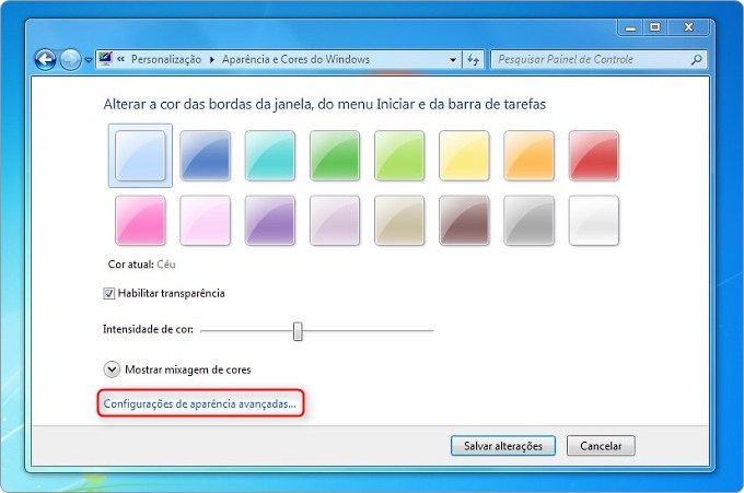 teste 2: Como mudar a cor e a aparência das janelas do Windows