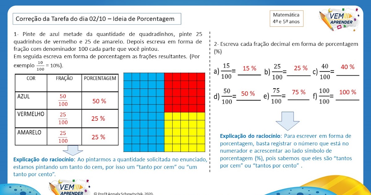 Correção da Tarefa do dia 02/10 - Ideia de Porcentagem