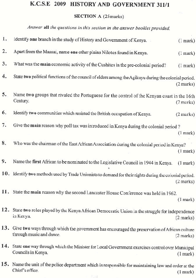 kcsepaper: 2009 KCSE HISTORY AND GOVERNMENT PAPER 1