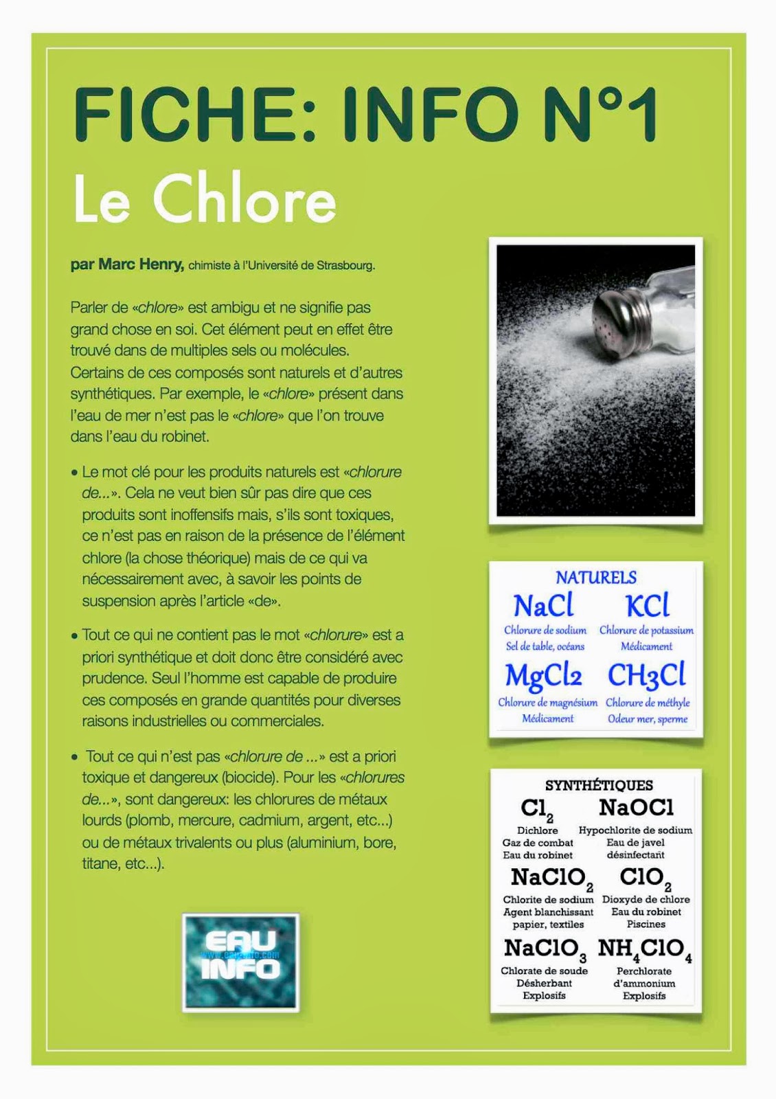 EAU: Séance: FICHE: INFO N°1 - Le Chlore