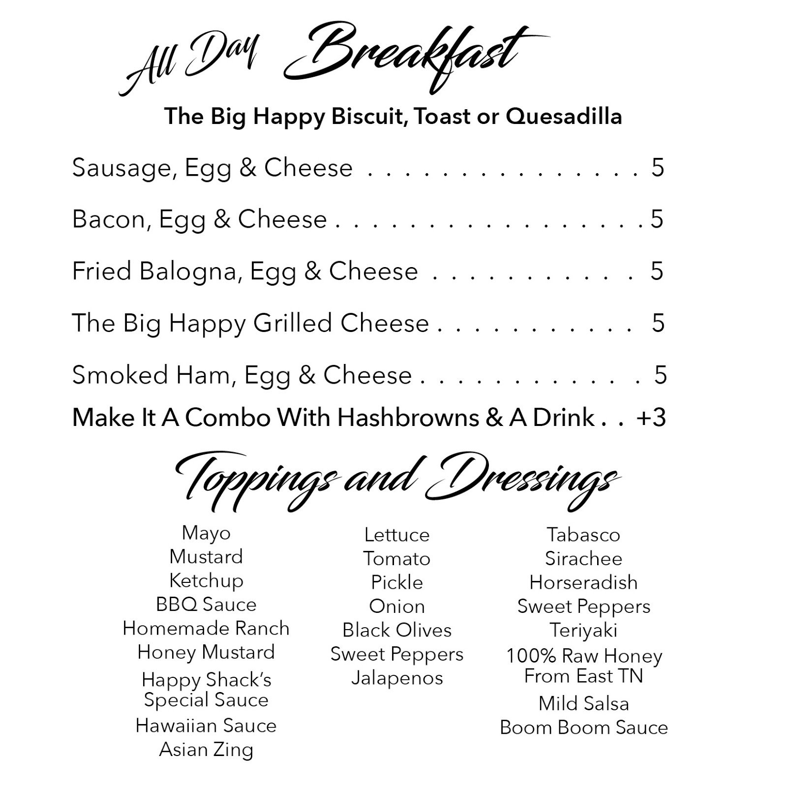 The Happy Shack: Menu